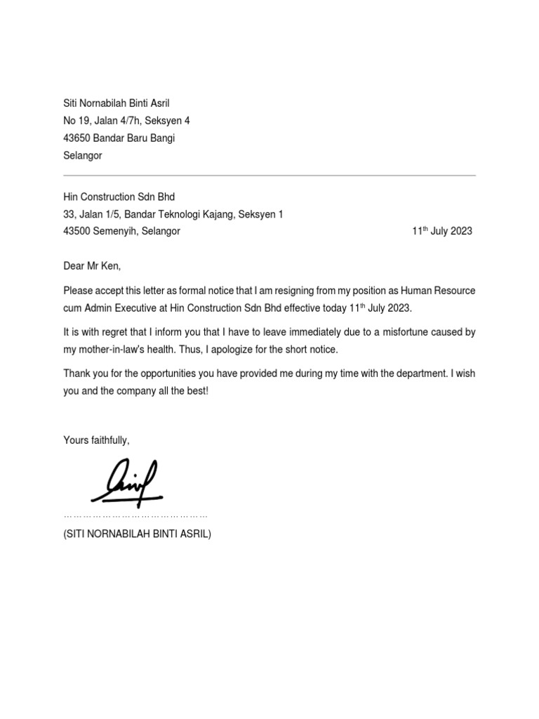 24 Hr Resignation Letter - Nabilah | PDF