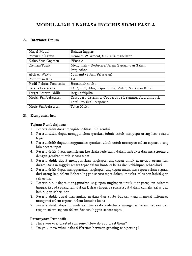 Modul Ajar Basic English Kelas I Bab 1 | PDF