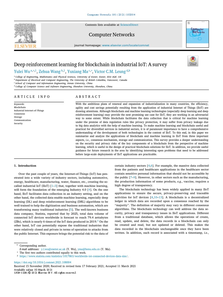 Deep Reinforcement Learning For Blockchain in Industrial IoT A Survey | PDF