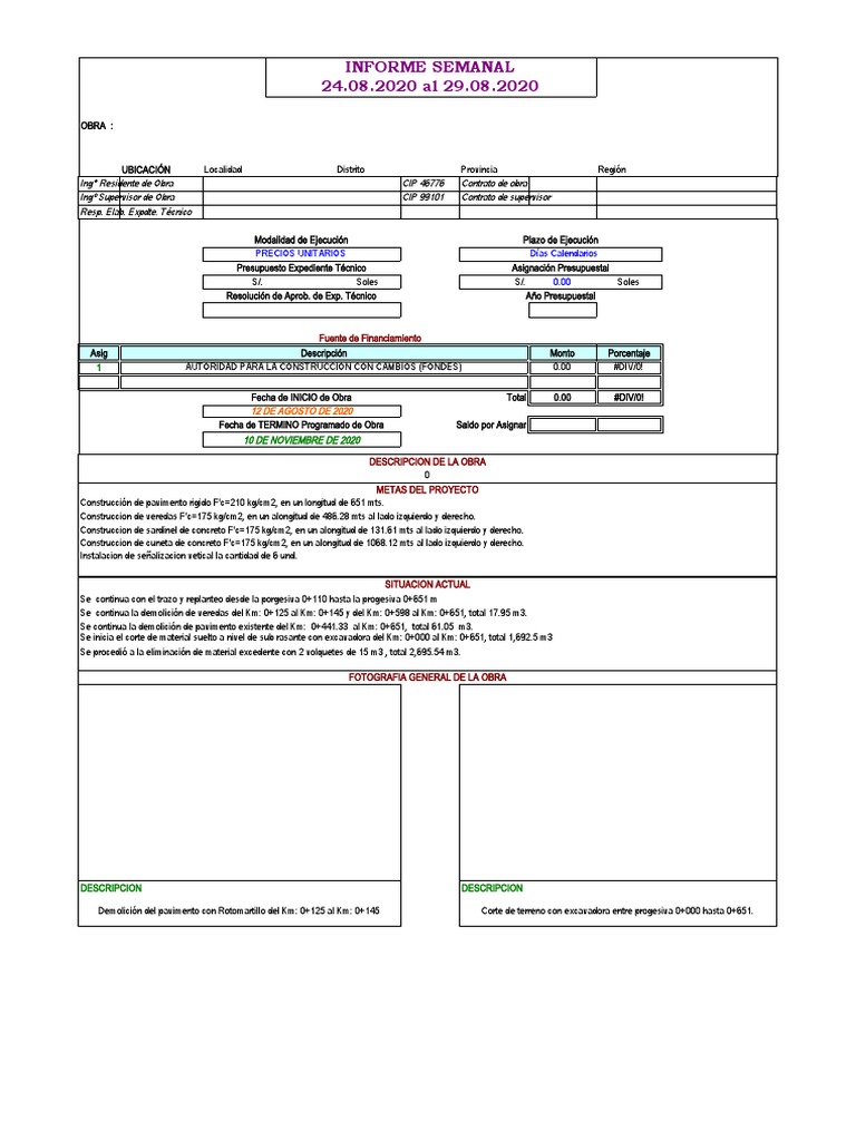 Formato de Informe Semanal de Obra | PDF
