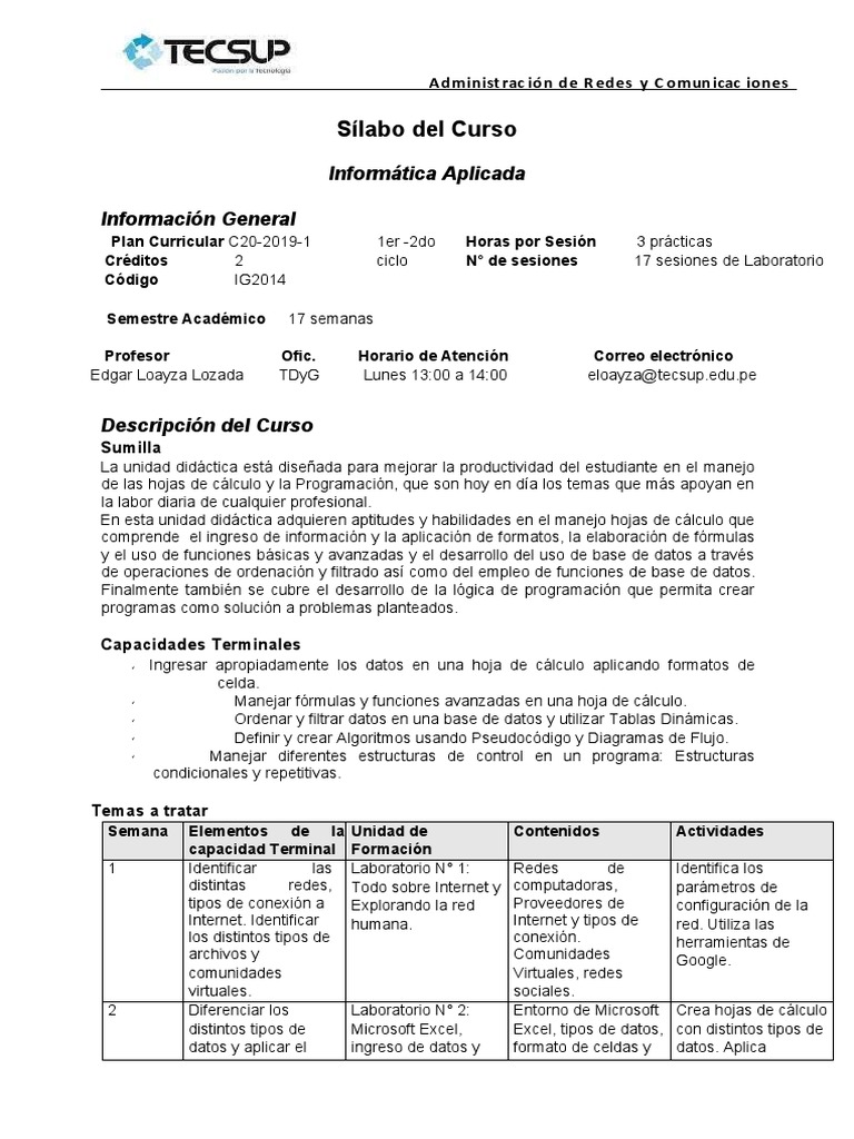 Silabos - Plan Curricular-Informática Aplicada | PDF