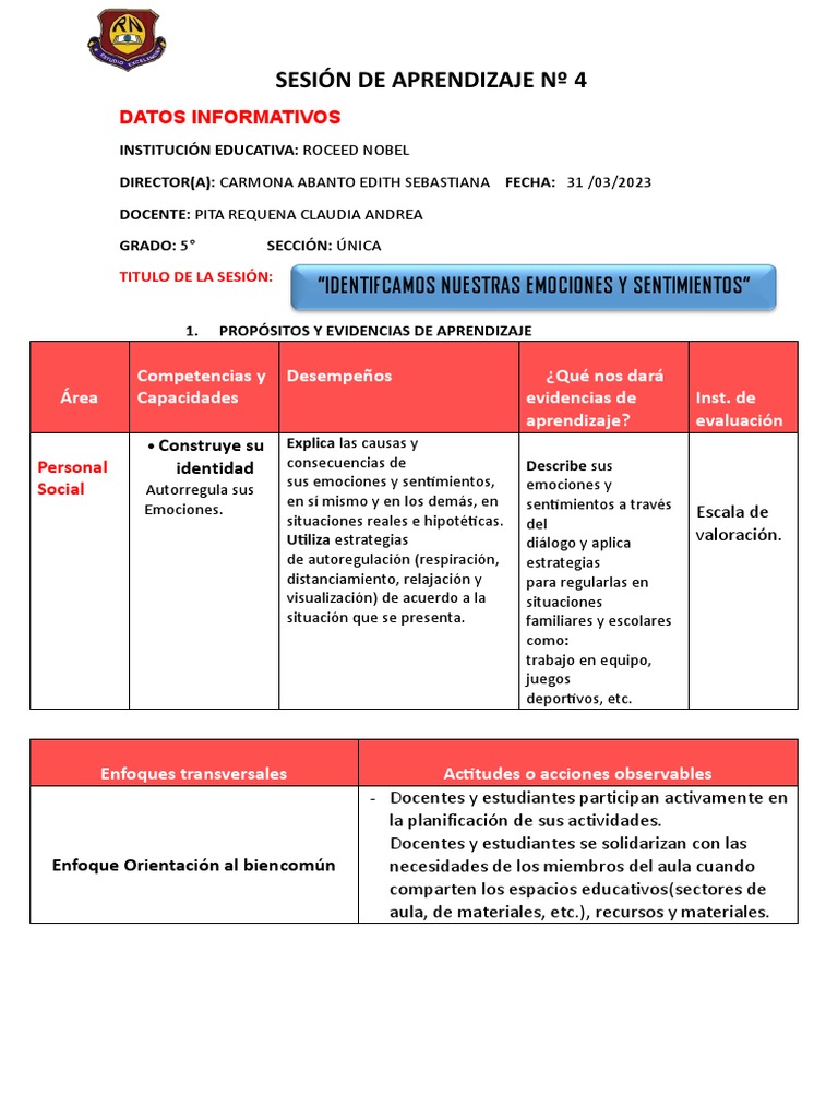SESIÓN DE APRENDIZAJE #4 Personal | PDF | Las emociones | Aprendizaje