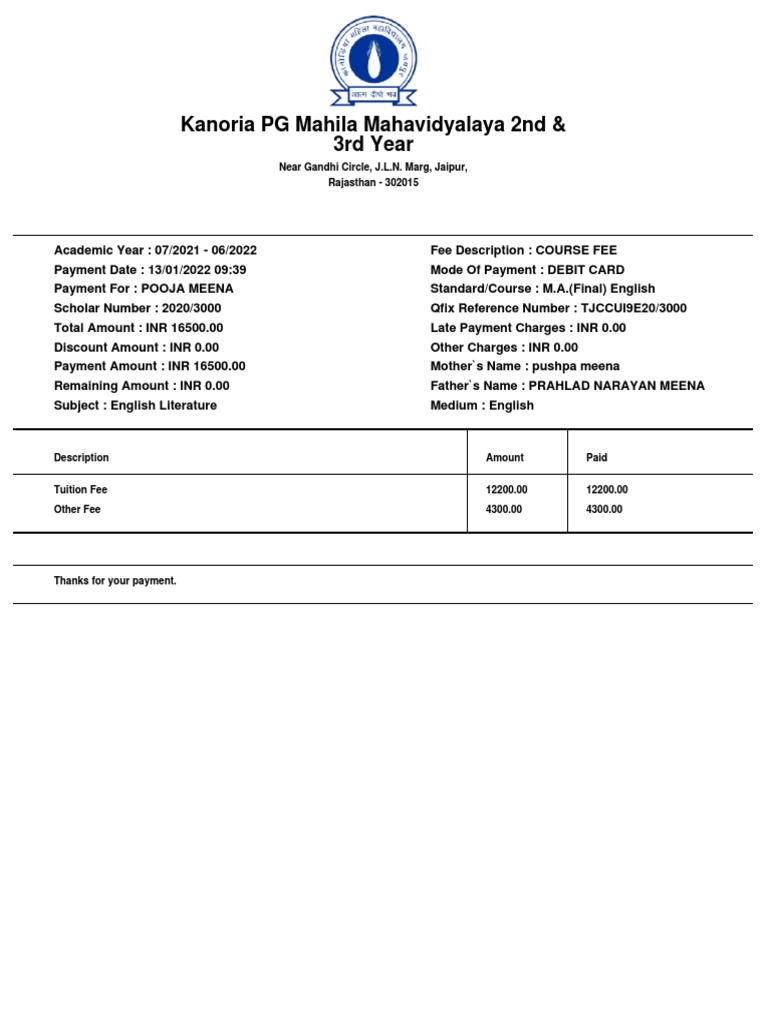 Qfix Payment Receipt Course Fee | PDF