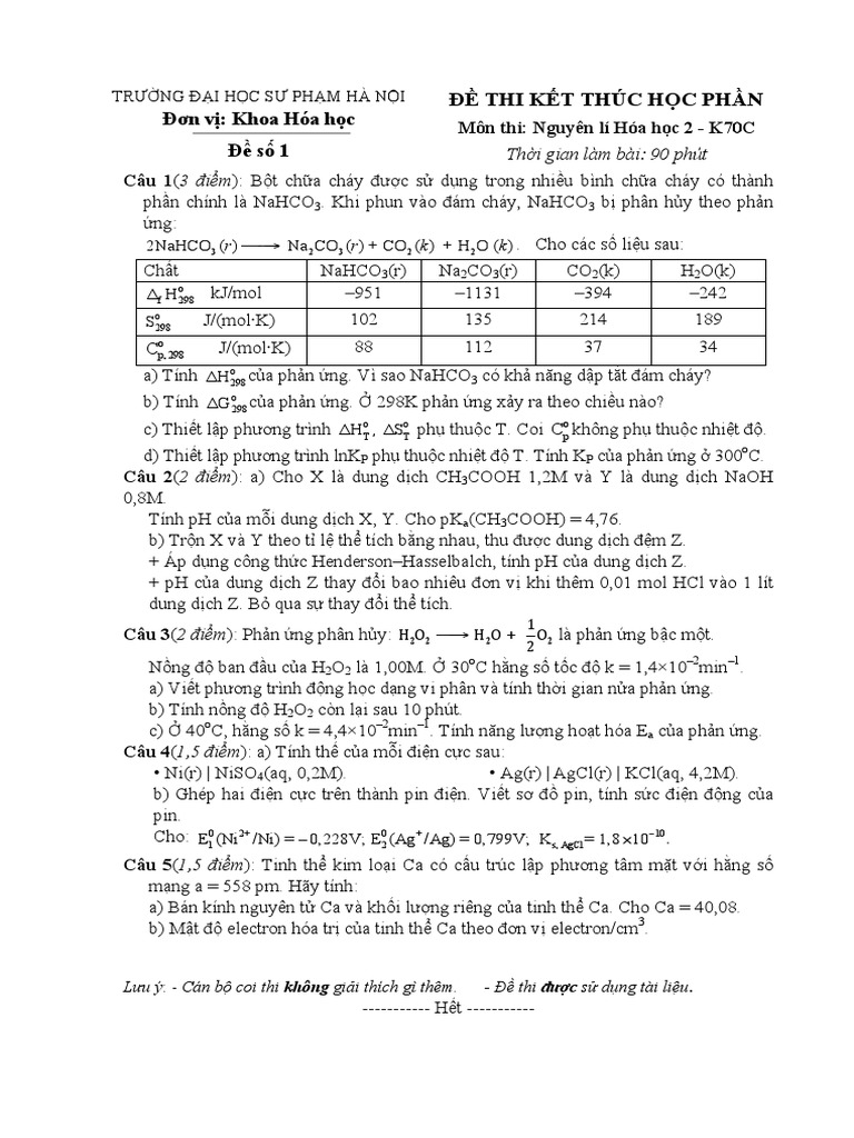 Đề thi kết thúc hp NLHH2 - K70C | PDF