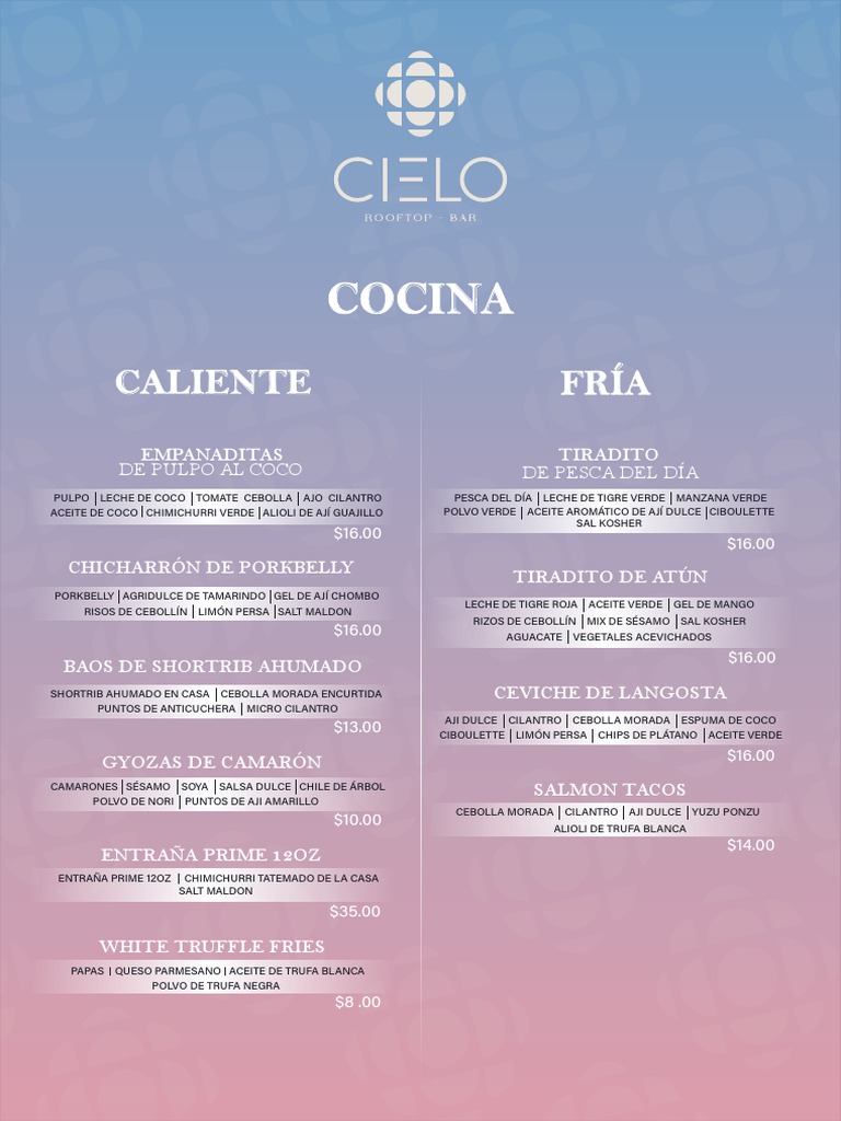 wkPFyBdkThWEqufqQYQe - Menu Cielo Rooftop Bar | PDF