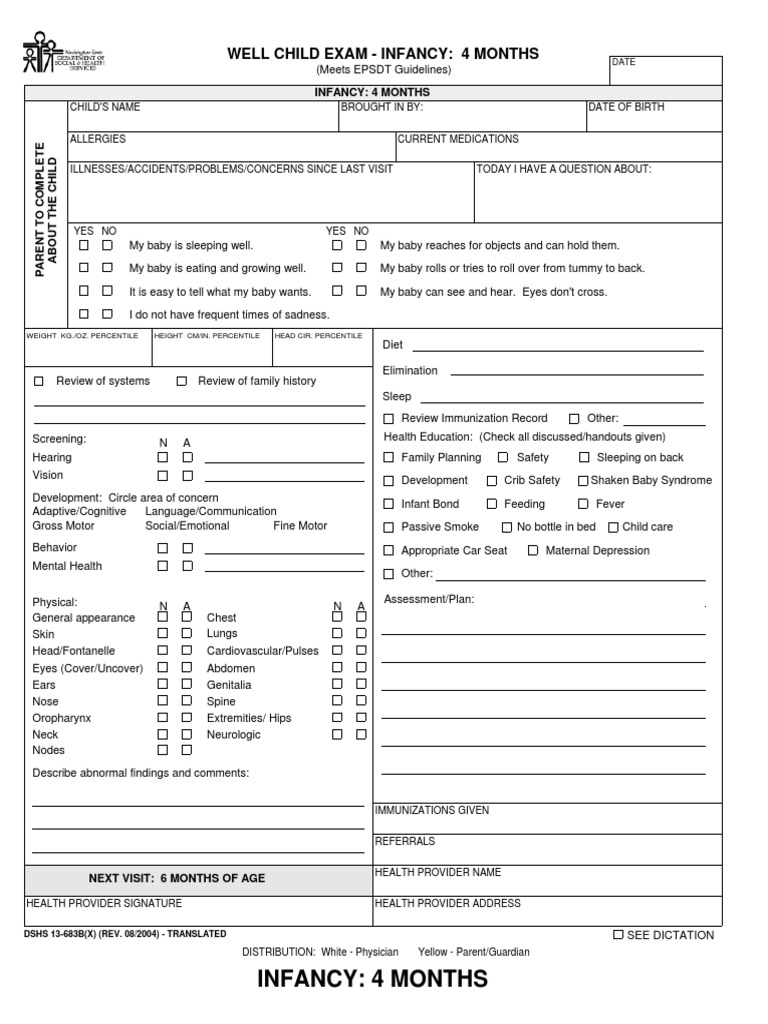 Physician's Well Child Exam Form 4 Months | PDF | Infants | Child Care