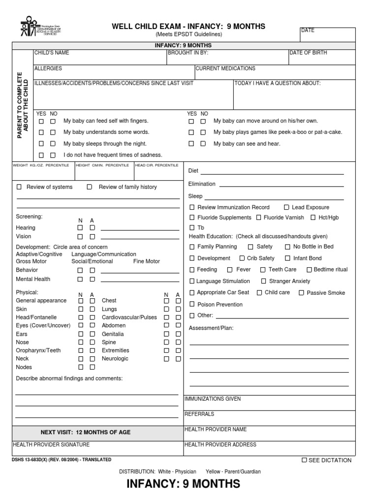 Physician's Well Child Exam Form 9 Months | PDF
