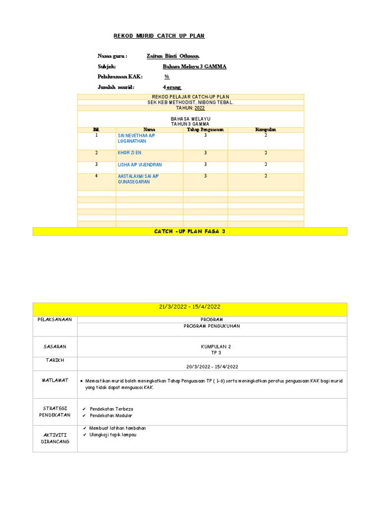 REKOD MURID CATCH UP PLAN Bahasa Melayu 3 Gamma | PDF