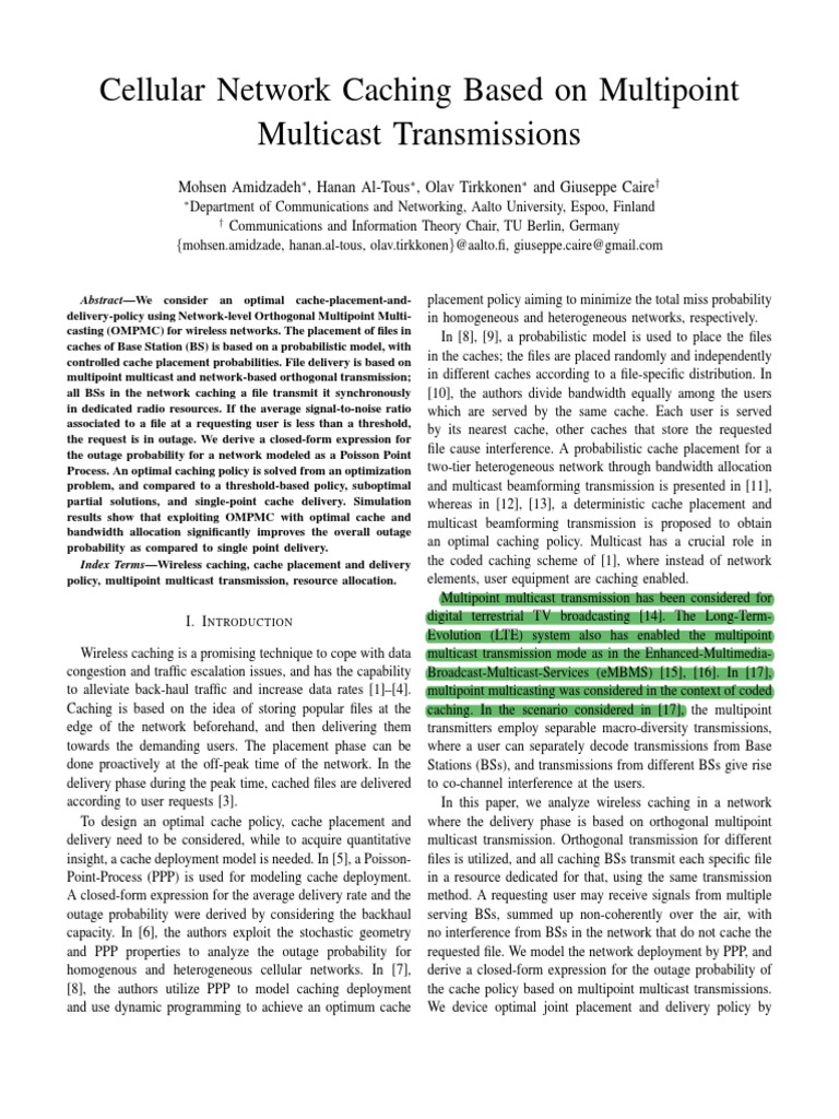 Cellular Network Caching Based On Multipoint Multicast Transmissions ... Cellular Network Caching Based On Multipoint Multicast Transmissions ...