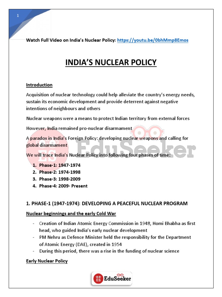 India's Nuclear Policy (By EduSeeker) | PDF