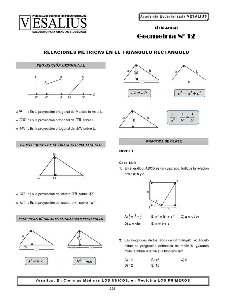 Geo. (12) Relaciones Métricas en El Triángulo Rectángulo 235 - 240 | PDF | Métodos y materiales ...