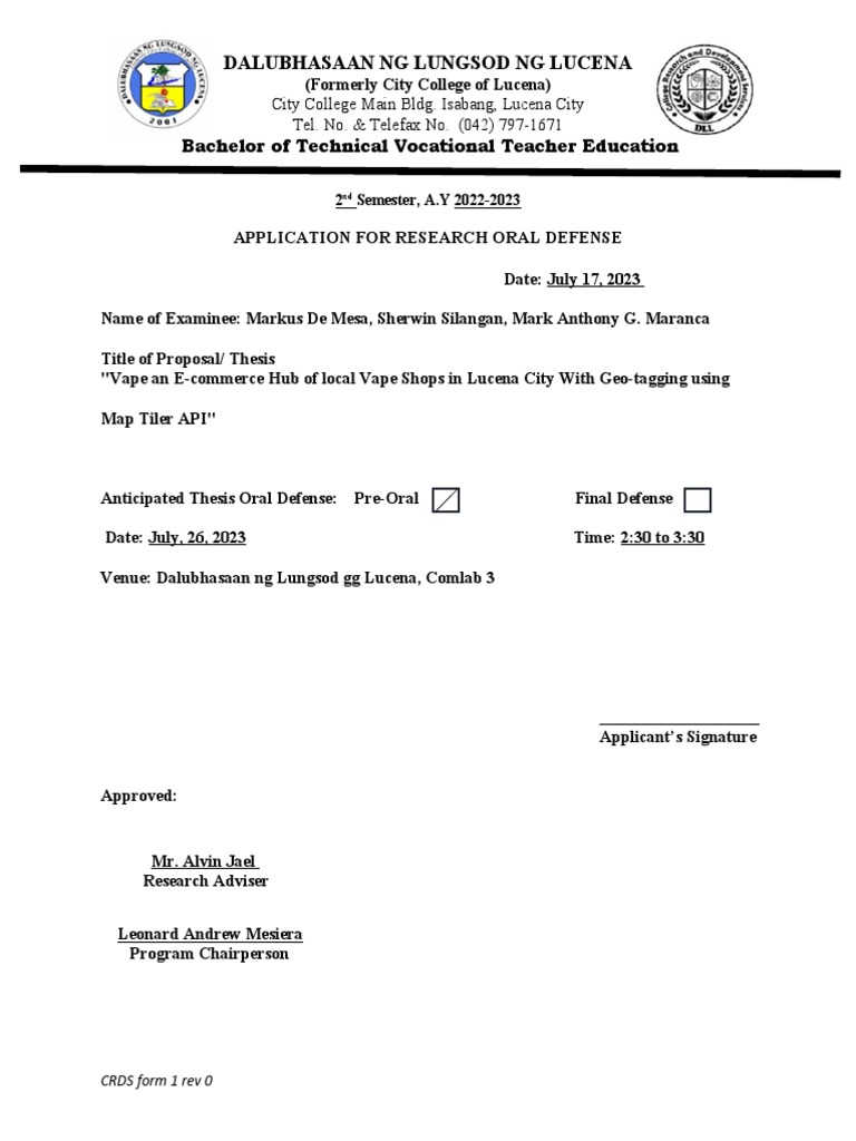 Form 1 Application For Research Oral Defense AROD | PDF Form 1 Application For Research Oral Defense AROD | PDF