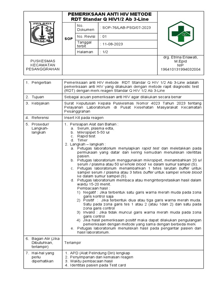 NO. 76 SOP PEMERIKSAAN ANTI HIV METODE RDT Standar Q HIV | PDF