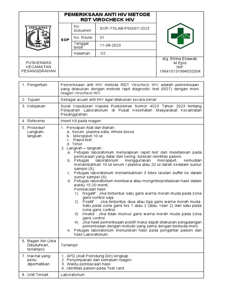 No. 77 Sop Pemeriksaan Anti Hiv Metode RDT Virocheck Hiv | PDF
