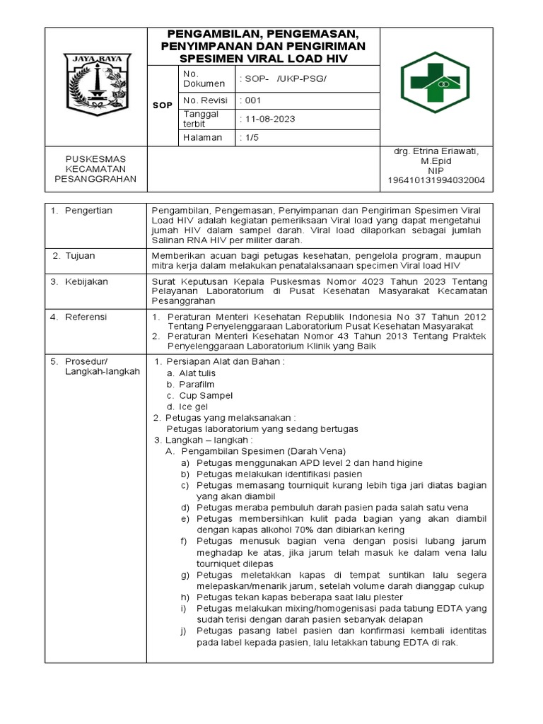Sop Pengambilan, Pengemasan, Penyimpanan Dan Pengiriman Spesimen Viral Load Hiv Fiks | PDF