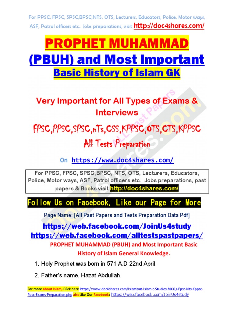 PROPHET MUHAMMAD (PBUH) and Most Important Basic History of Islam GK | PDF