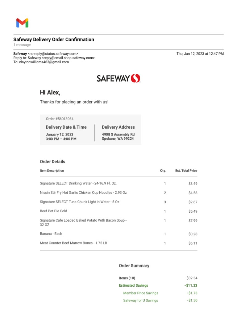 Gmail - Safeway Delivery Order Confirmation | PDF