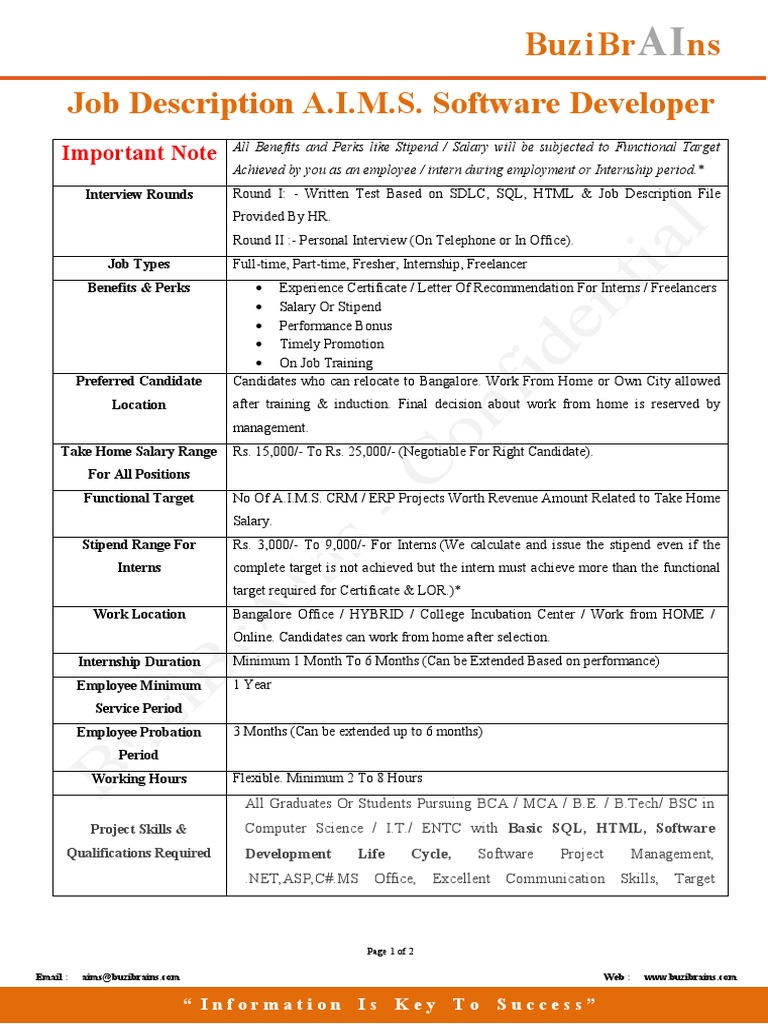 BuziBrAIns JD a.I.M.S. Software Developer | PDF | Internship | Job Hunting
