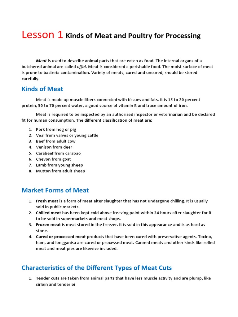Lesson 1 Kinds of Meat and Poultry For Processing | PDF | Cooking, Food ...