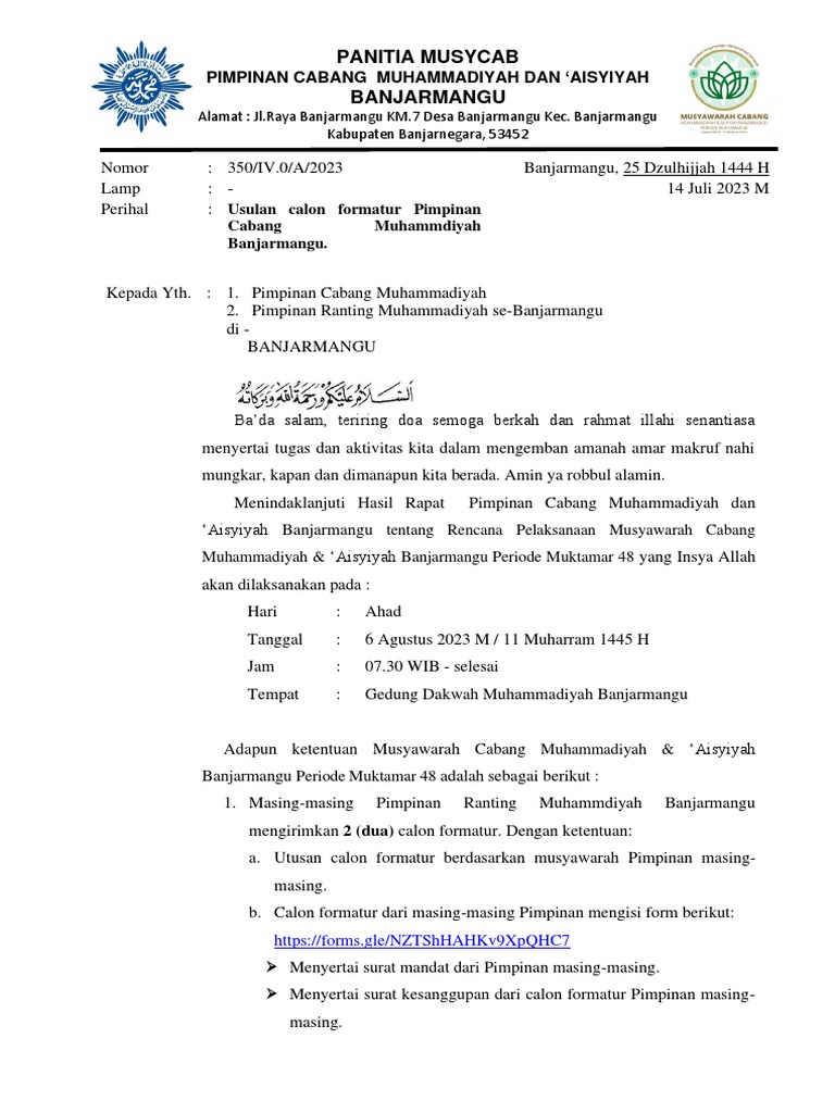 SURAT Usulan Formatur Muhammadiyah | PDF