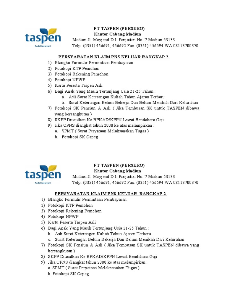 PT Taspen (Persero) Kantor Cabang Madiun | PDF
