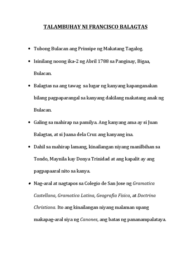 Talambuhay Ni Francisco Balagtas | PDF
