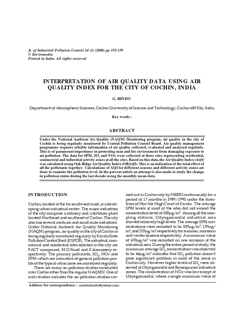 Interpretation of Air Quality Data Using Air Quality Index For The City of Cochin India 155 159 ...