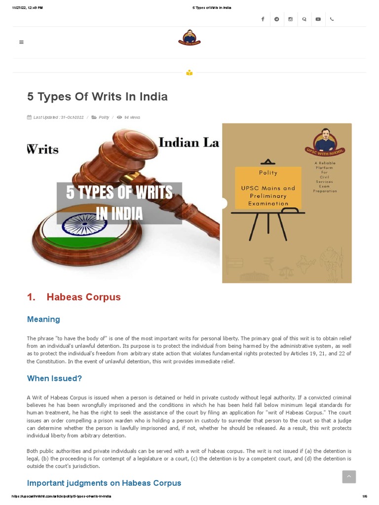 5 Types of Writs in India | PDF