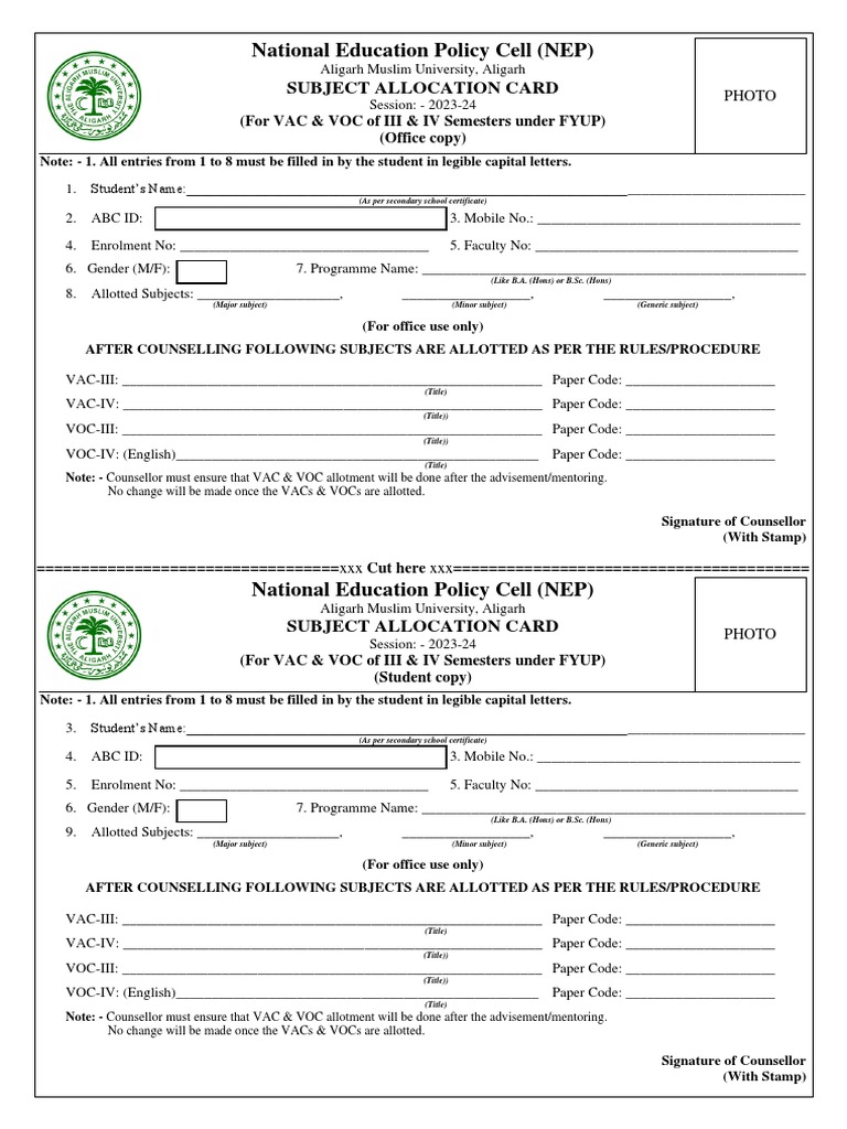 National Education Policy Cell (NEP) : Subject Allocation Card | PDF