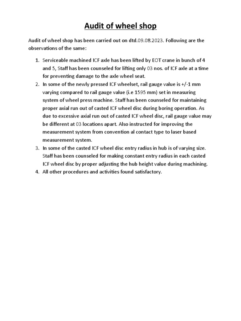 Wheel Shop Audit Findings 2023 | PDF