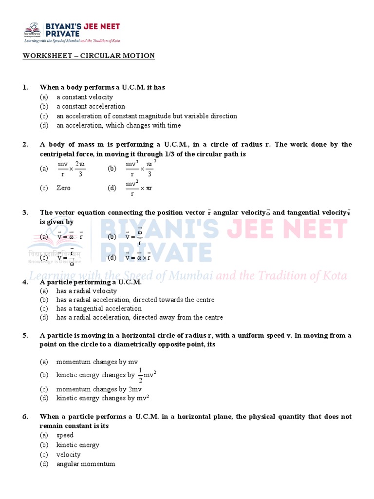 Circular Motion Worksheet | PDF
