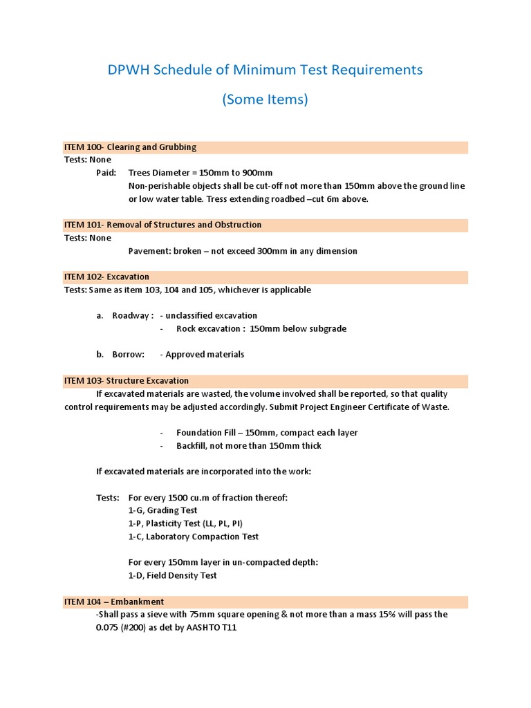 DPWH Minimum Test Requirements Guide | PDF | Density | Building Engineering
