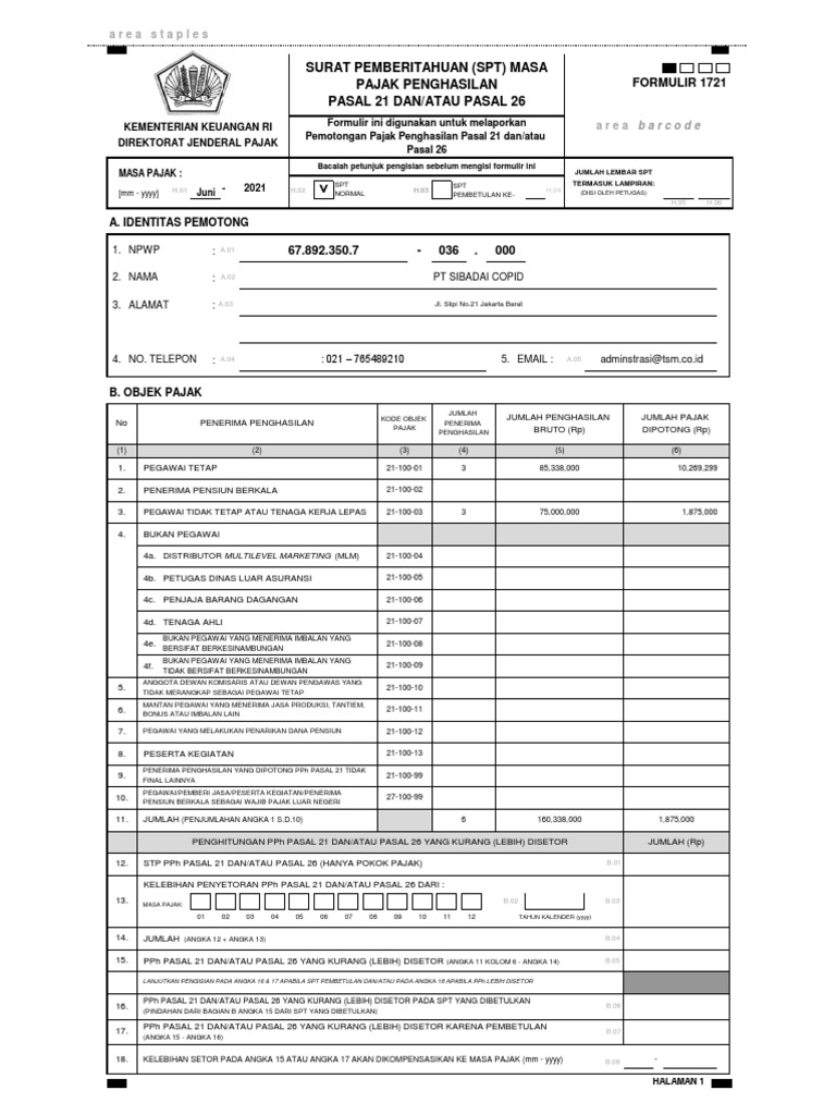 Formulir SPT PPh 21 dan 26 2021 | PDF