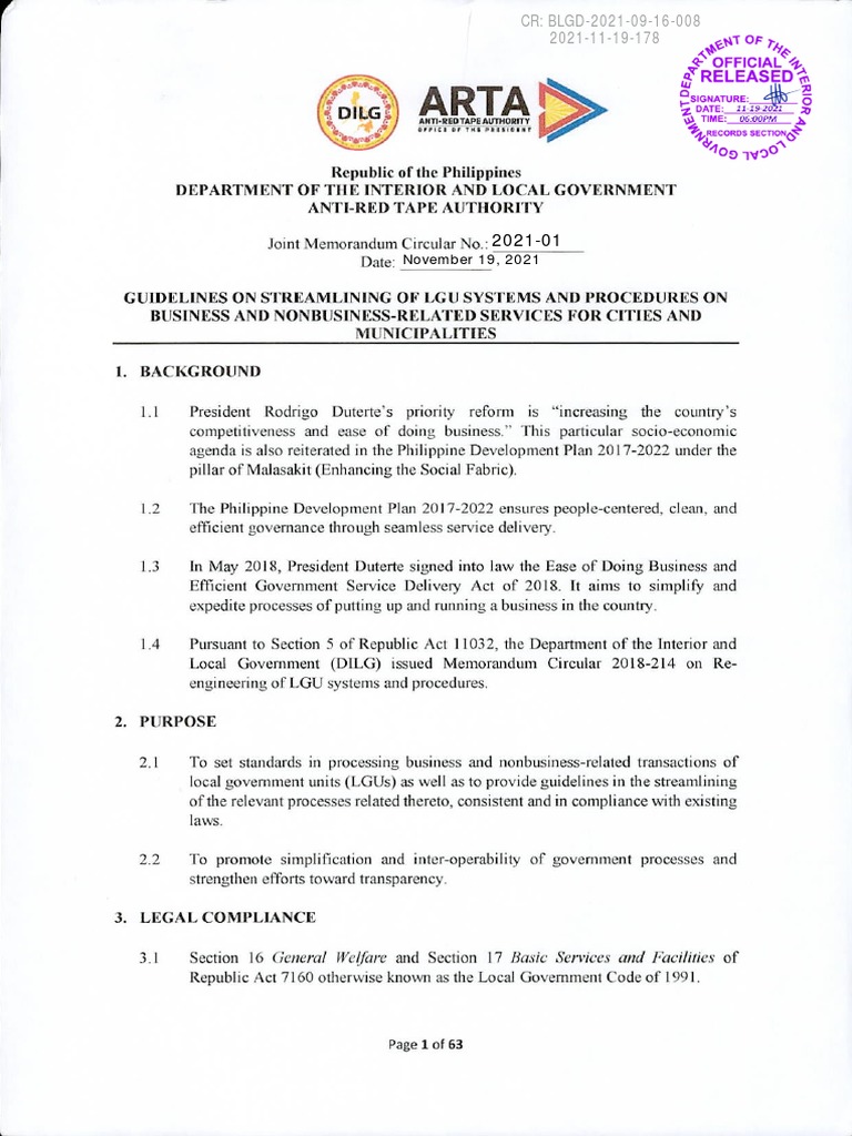 DILG-ARTA JMC2021-01 LGU Systems and Procedures On Business and Nonbusiness-Related Services For ...