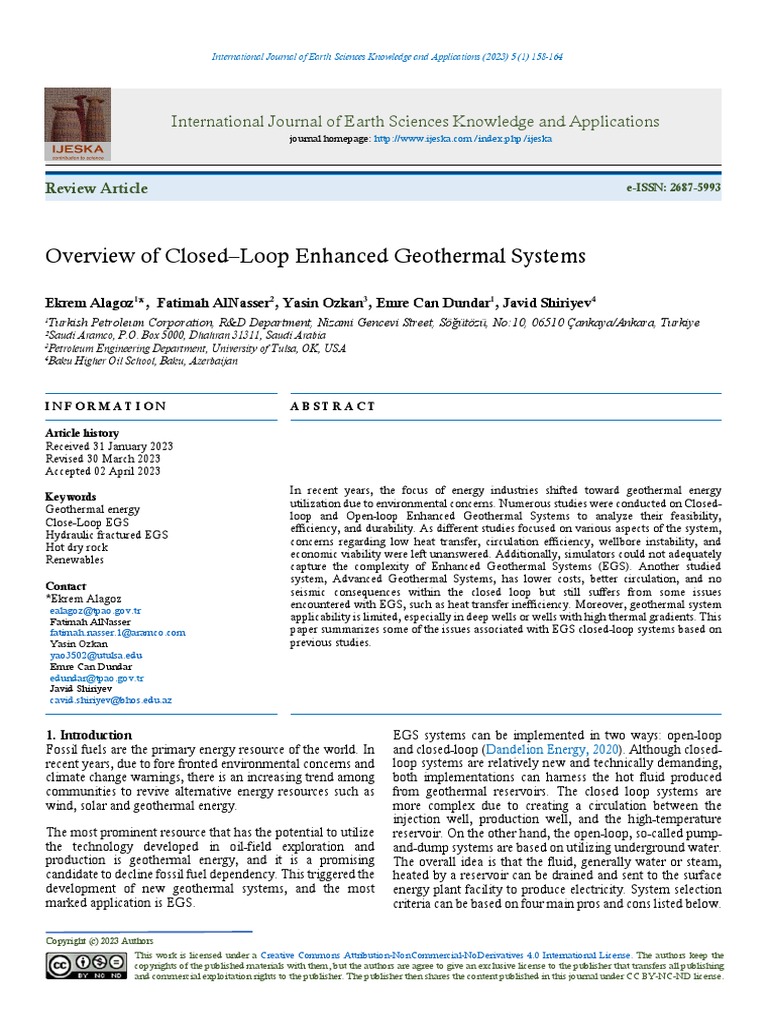 (2023) (IJESKA) Overview of Closed-Loop Enhanced Geothermal Systems | PDF (2023) (IJESKA) Overview of Closed-Loop Enhanced Geothermal Systems | PDF