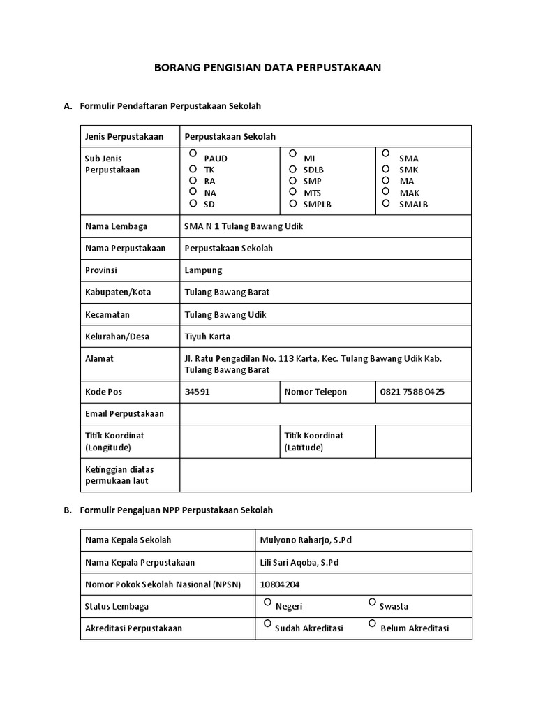 Borang Pengisian Data Perpustakaan Sekolah | PDF