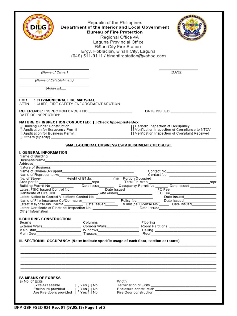 23 FSED 024 Checklist Small General Business Establishment Rev01 070519 ...