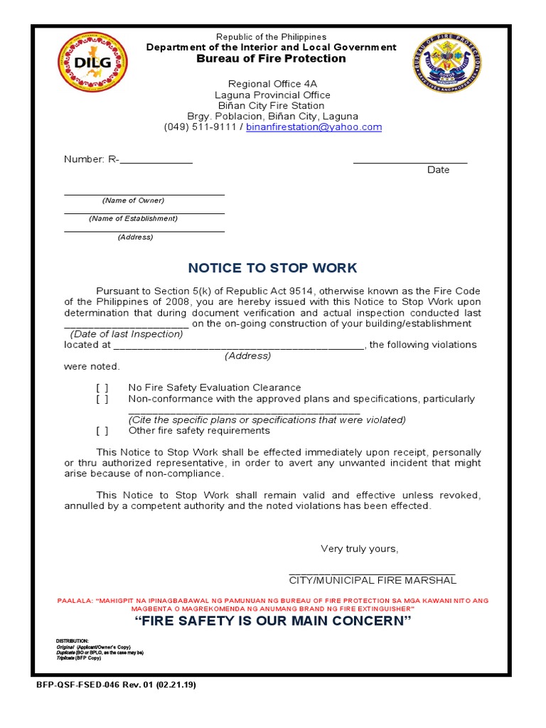 Notice to Stop Work for Fire Code Violations | PDF | Fire Safety ...