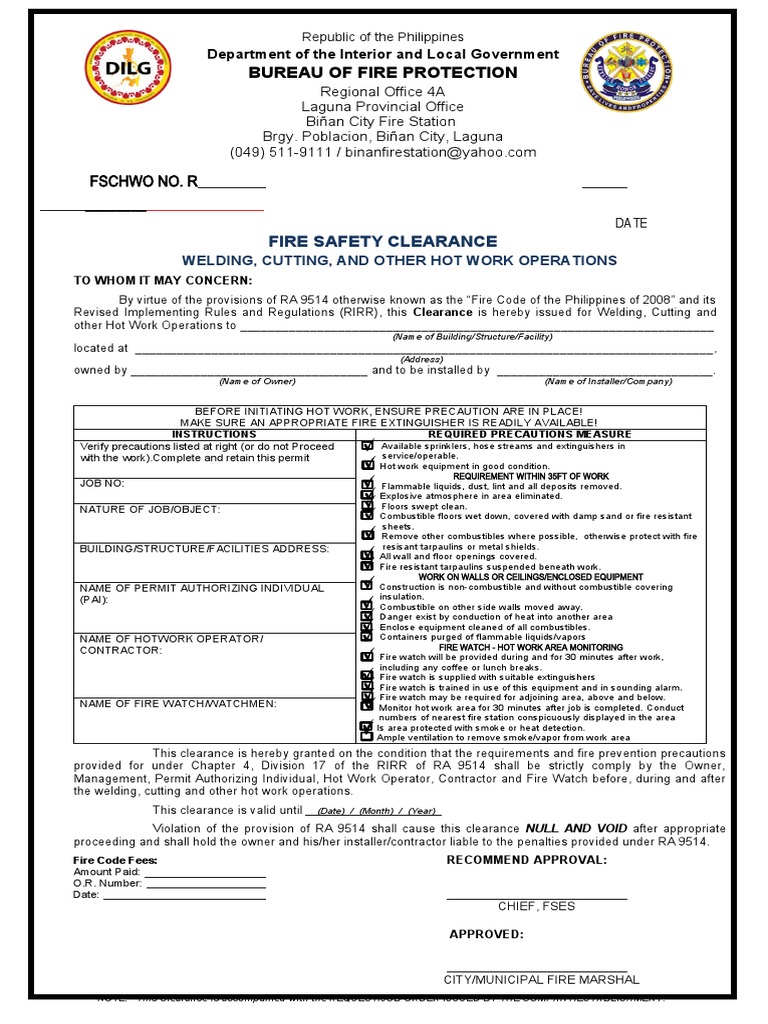30 FSED 34F Fire Safety Clearance For Hot Works Operation Rev02 | PDF ...