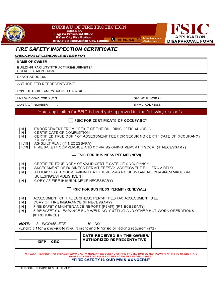 45 FSED 50F FSIC Application Disapproval Form Rev01 | PDF