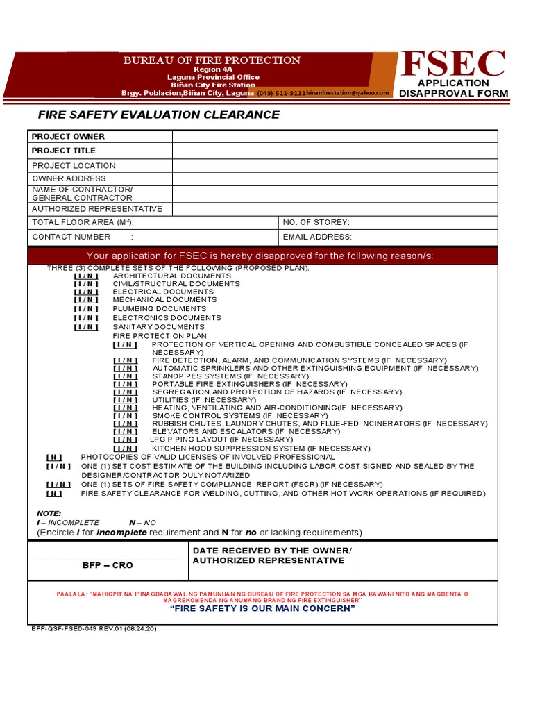 44 FSED 49F FSEC Application Disapproval Form Rev01 | PDF | Firefighting | Fires