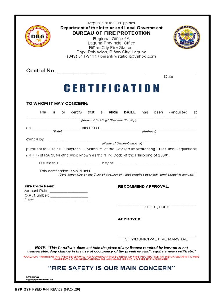 40 FSED 44F Certificate of Fire Drill Rev02 | PDF