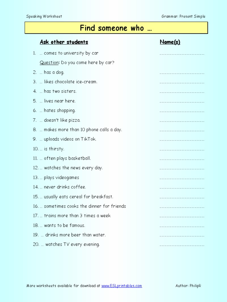 Find Someone Who Present Simple Questions 1 Fun Activities Games - 3019 ...