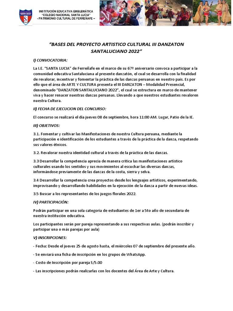 Bases Del Proyecto Artistico Cultural III Danzaton Santaluciano 2022 | PDF