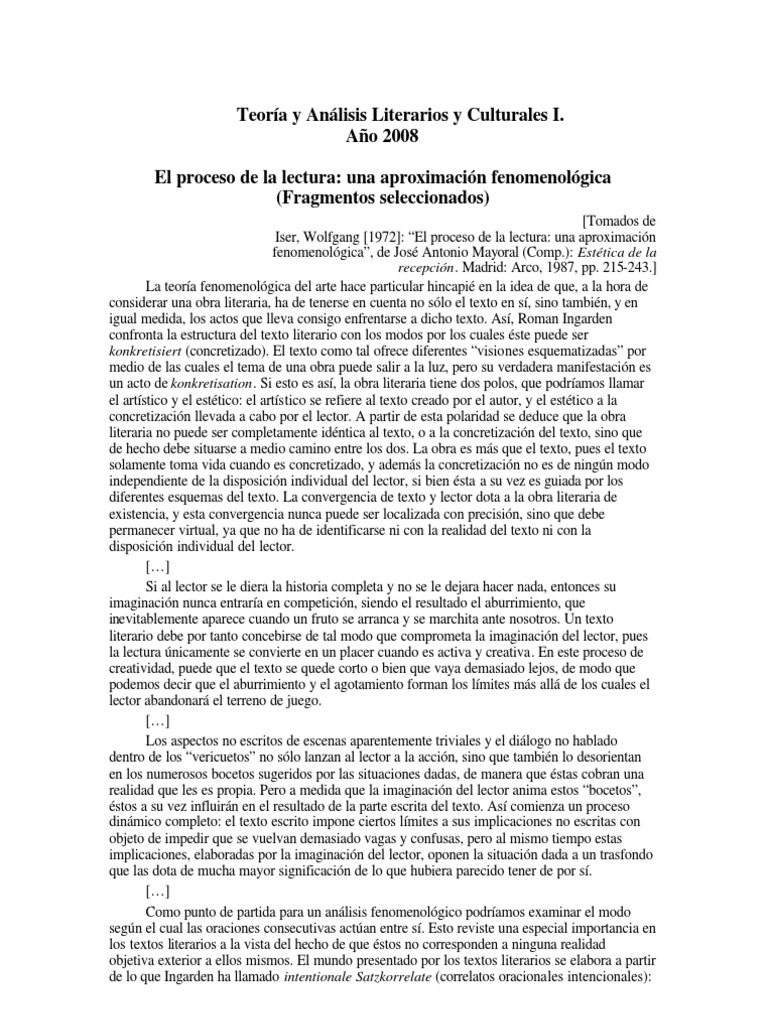 Iser, El Proceso de La Lectura (Selección) para Teoría y Análisis ...
