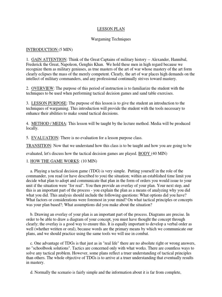 Wargaming Techniques Lesson Plan Download Free Pdf Risk Decision