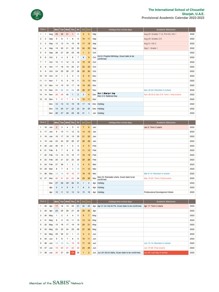 Sabis Calendar 2022-2023 | PDF