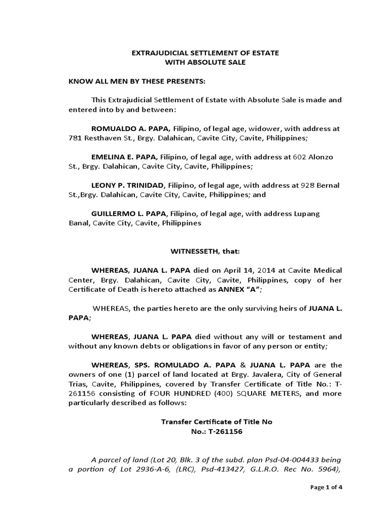 Extrajudicial Estate Settlement & Sale | PDF | Civil Law (Legal System) | Natural Resources Law
