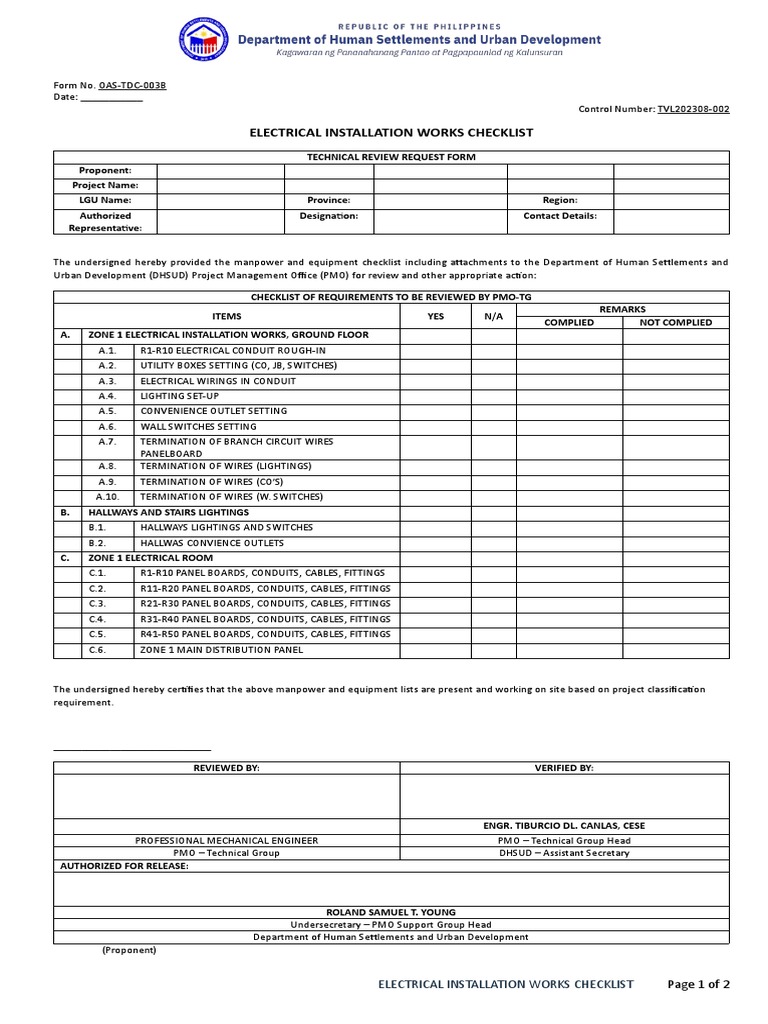 Checklist Electrical Installation Works | PDF