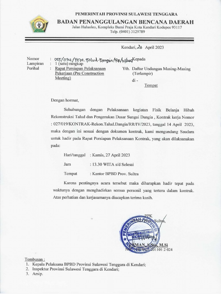 Undangan PCM Rekonstruksi Talud Dan Pengerukkan Dasar Sungai Dangia | PDF